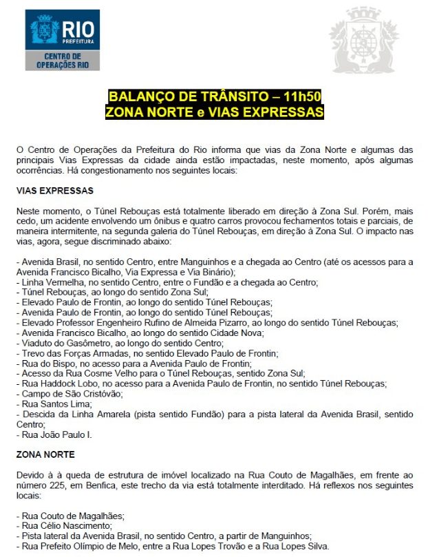 BALANÇO DO TRÂNSITO NO RIO DE JANEIRO